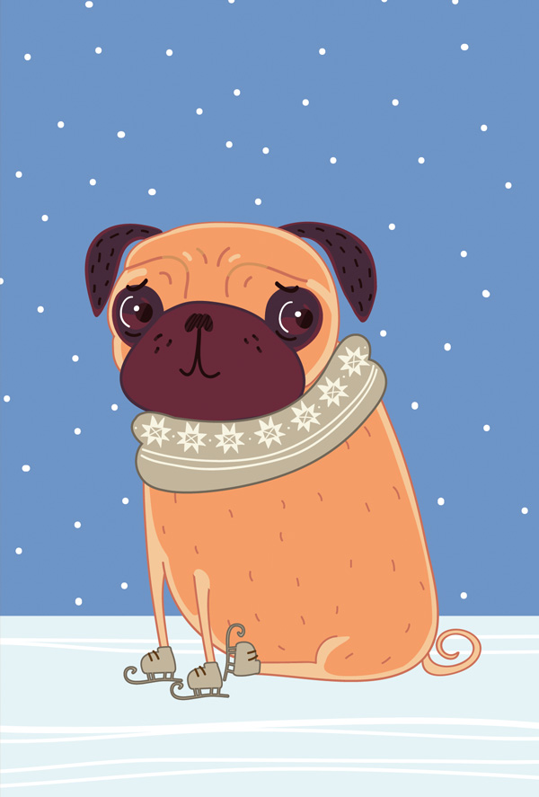 Pocztówka Zimowy Mopsik | Sklep Postallove